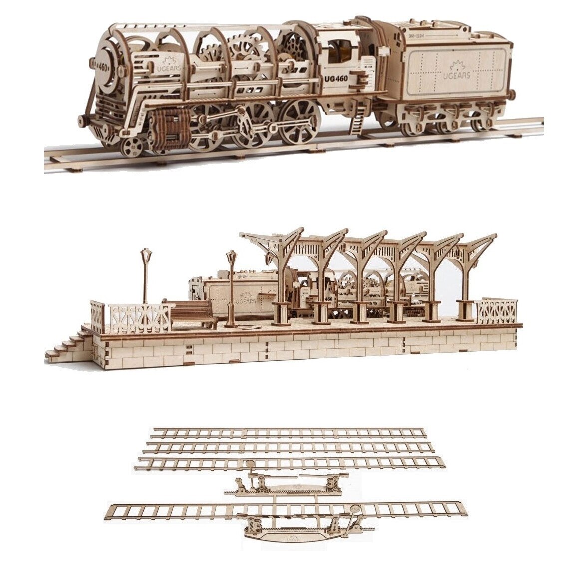 Puzzle Mecanic UGEARS Set Locomotiva cu vagon, Peron gara si sine - eMAG.ro