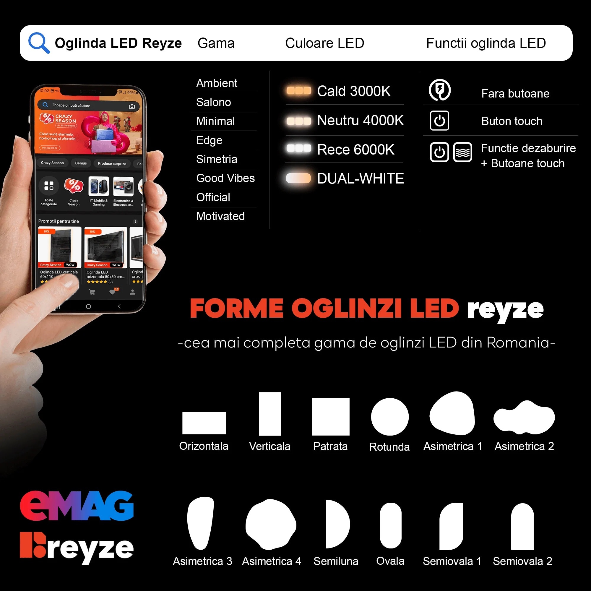 Oglinda LED 100x80 cm, LED Cald 3000K, fara butoane touch, Model Reyze ...