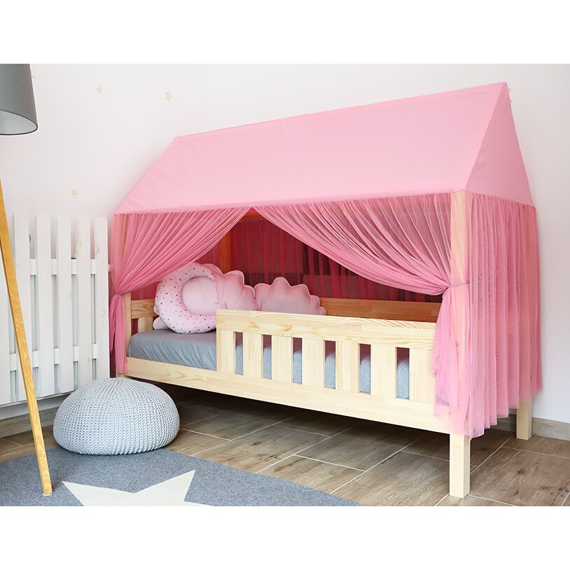 Pat pentru copii stil casuta, cu grilaj, 80x160cm, Lemn de pin, Natur ...