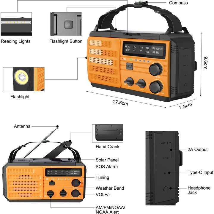 Radio meteo de urgenta, 4 Metode de incarcare, 8000mAh, AM/FM, Cu ...