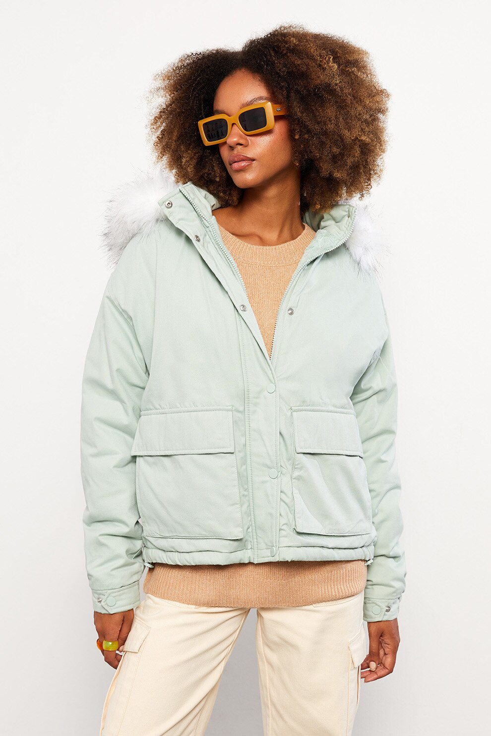 LC WAIKIKI, Geaca parka cu gluga si buzunare aplicate, Verde menta, 42 ...