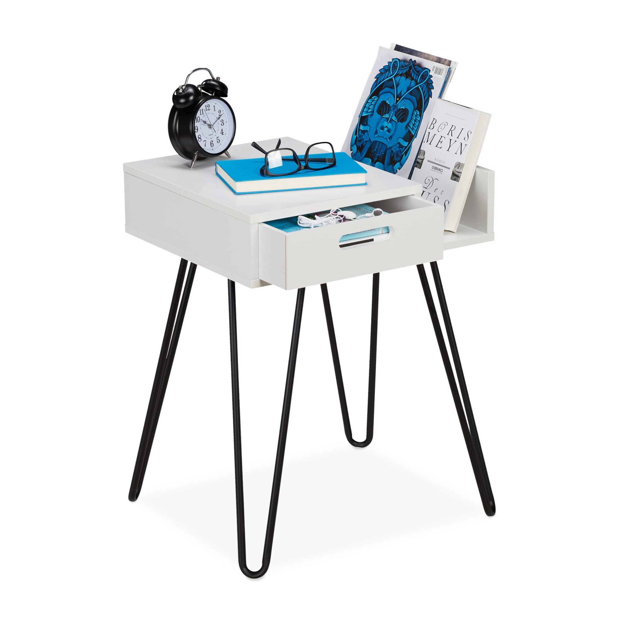 Noptiera moderna Relaxdays, cu sertar si raft, alb, din MDF, 61 x 48 x ...