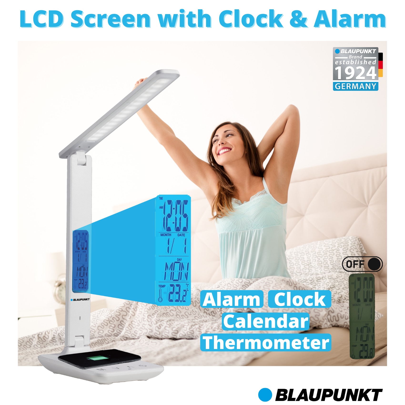 Lampa cu LED, Blaupunkt, incarcator Wireless, port USB, ceas, alarma ...
