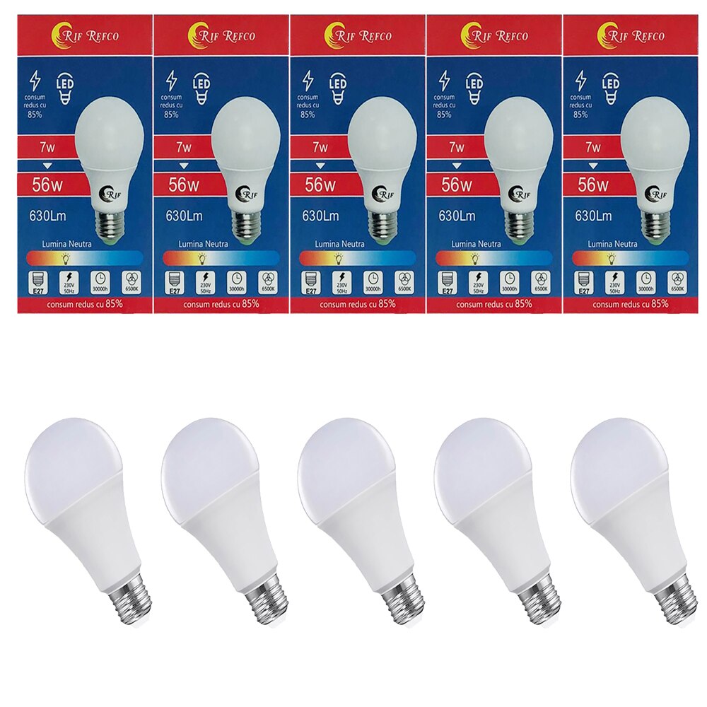 Set 5 Becuri LED RIF REFCO ® 7W, 630 lumeni, A+, E27, 6500k - eMAG.ro