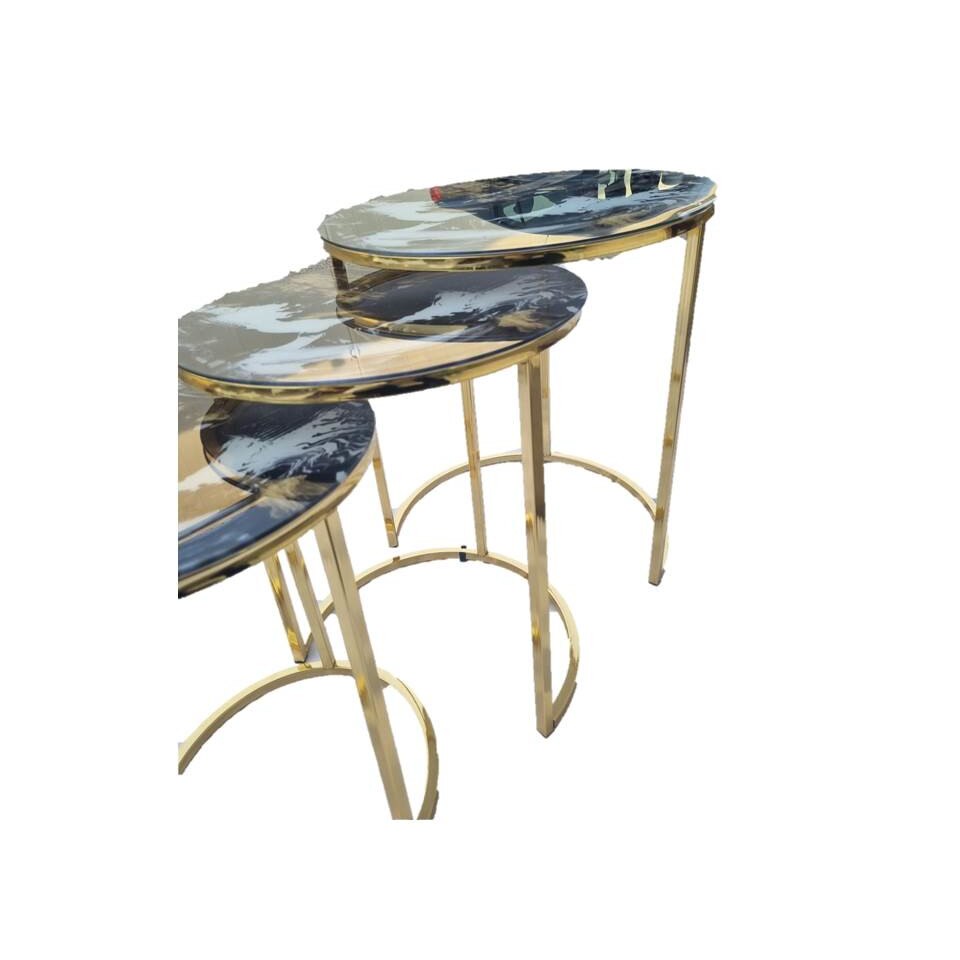 Set 3 masute Dolce Marbella Cafea, picioare din metal auriu, blat ...