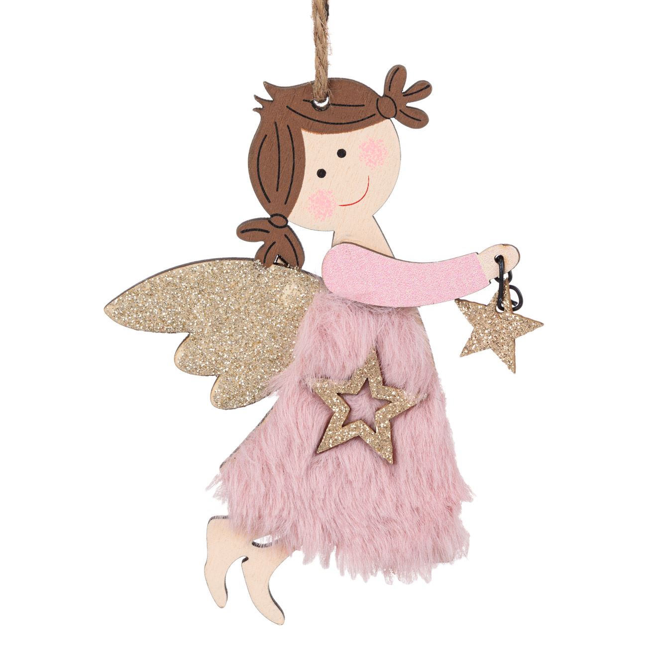 Ornament brad de Craciun din lemn in forma de inger, Xmas, cu puf roz ...