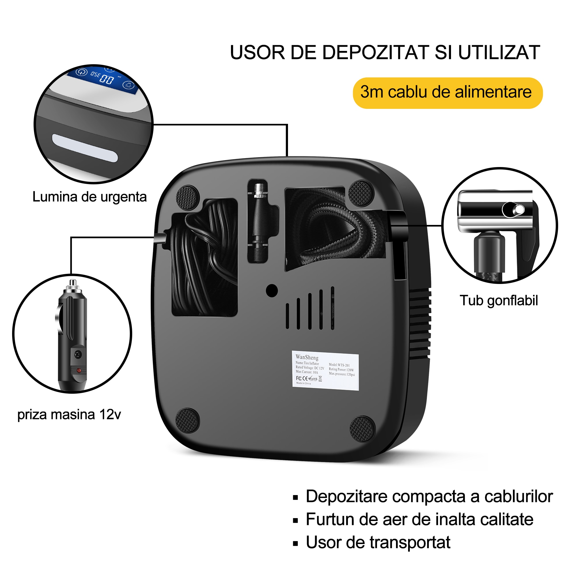 Compresoare auto 12V HouDeOS, maxim 10 bar / 150 PSI, 35L/min, Operarea ...