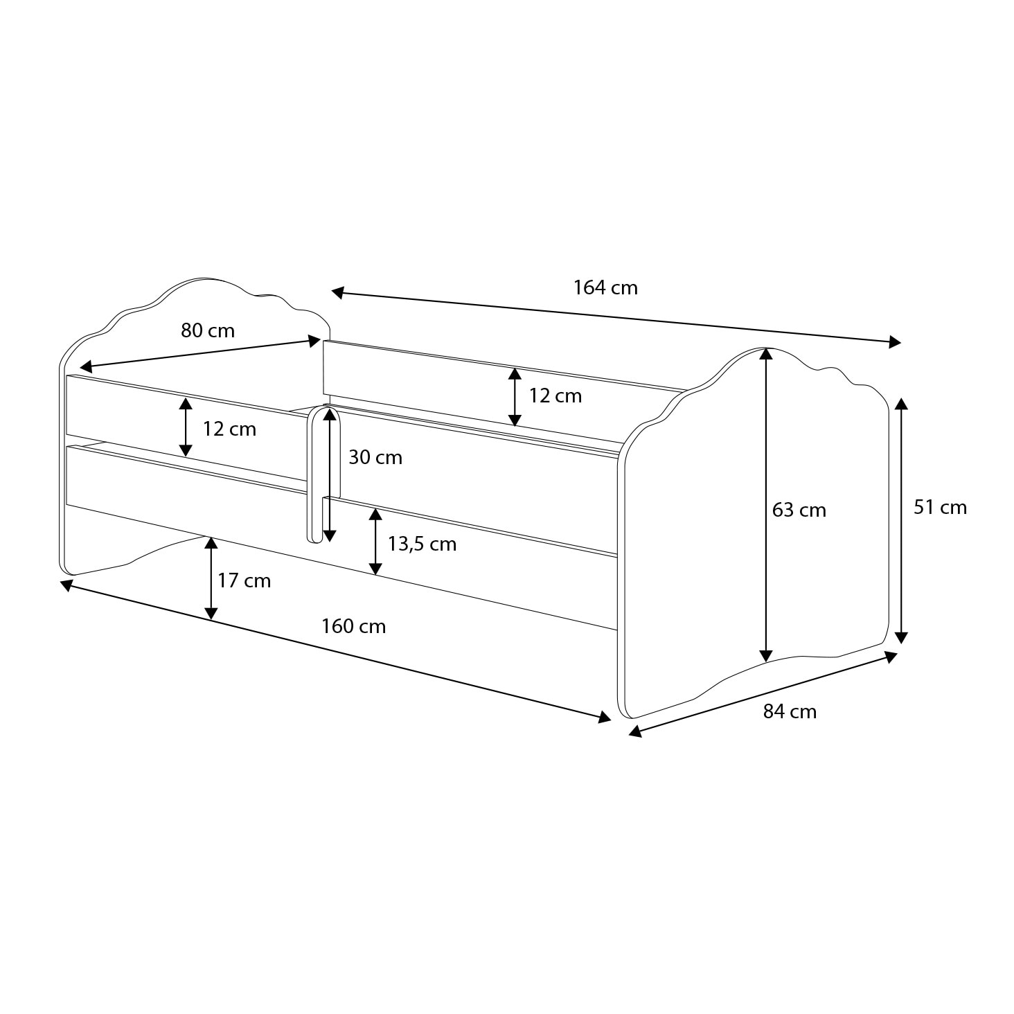 Pat pentru copii cu sertar si balustrada, saltea dubla 160cm x 80cm ...