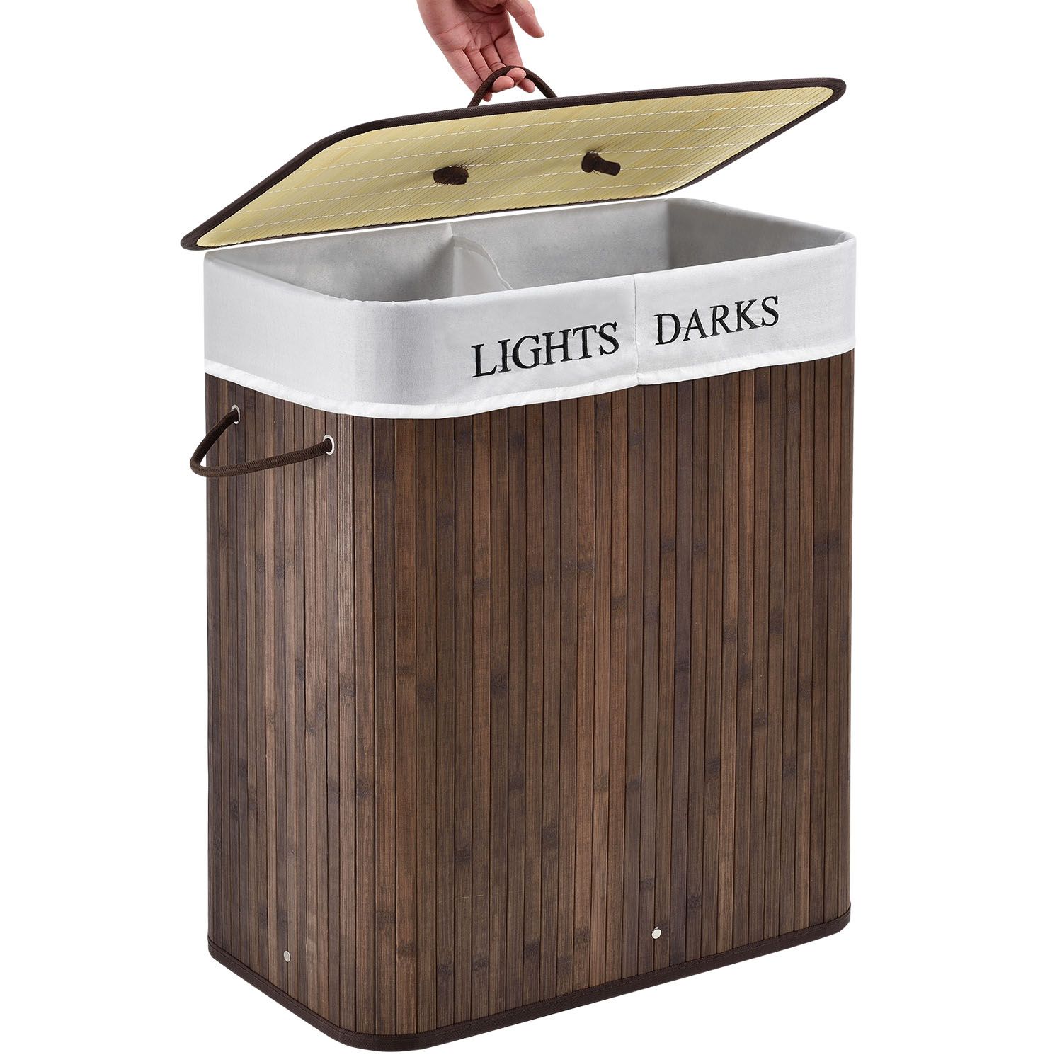 Cos rufe cu capac, 100 l, 2 compartimente, pliabil, bambus, 52 x 32 x ...