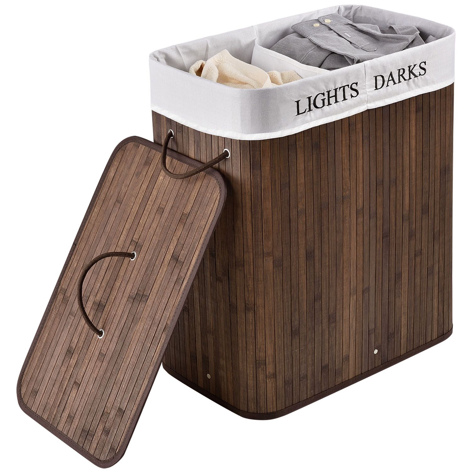 Cos rufe cu capac, 100 l, 2 compartimente, pliabil, bambus, 52 x 32 x ...