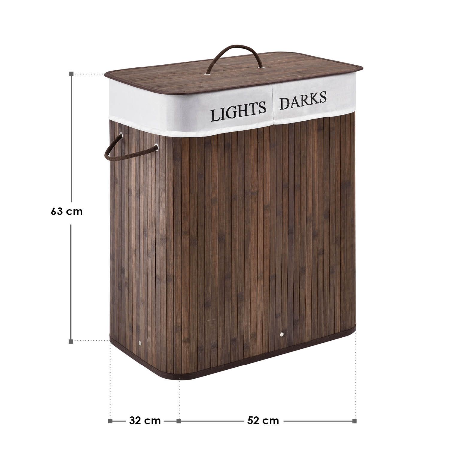 Cos rufe cu capac, 100 l, 2 compartimente, pliabil, bambus, 52 x 32 x ...