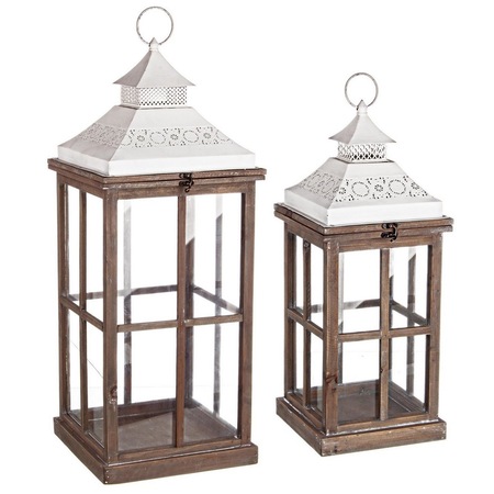 Set 2 felinare lemn maro metal alb si sticla Lace 22 cm x 22 cm x 55 h ...