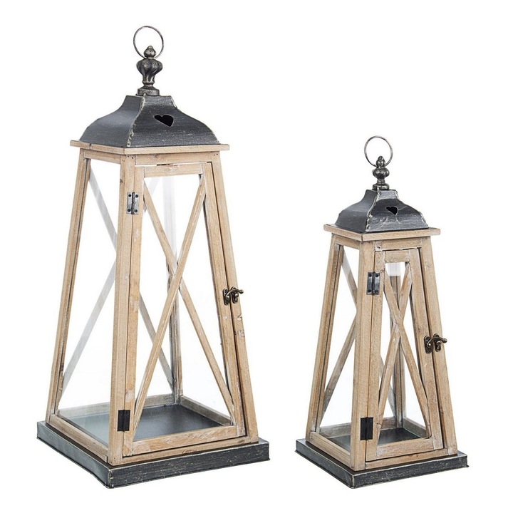 Set 2 felinare din lemn natur si metal gri Heart 20 cm x 20 cm x 48 h ...