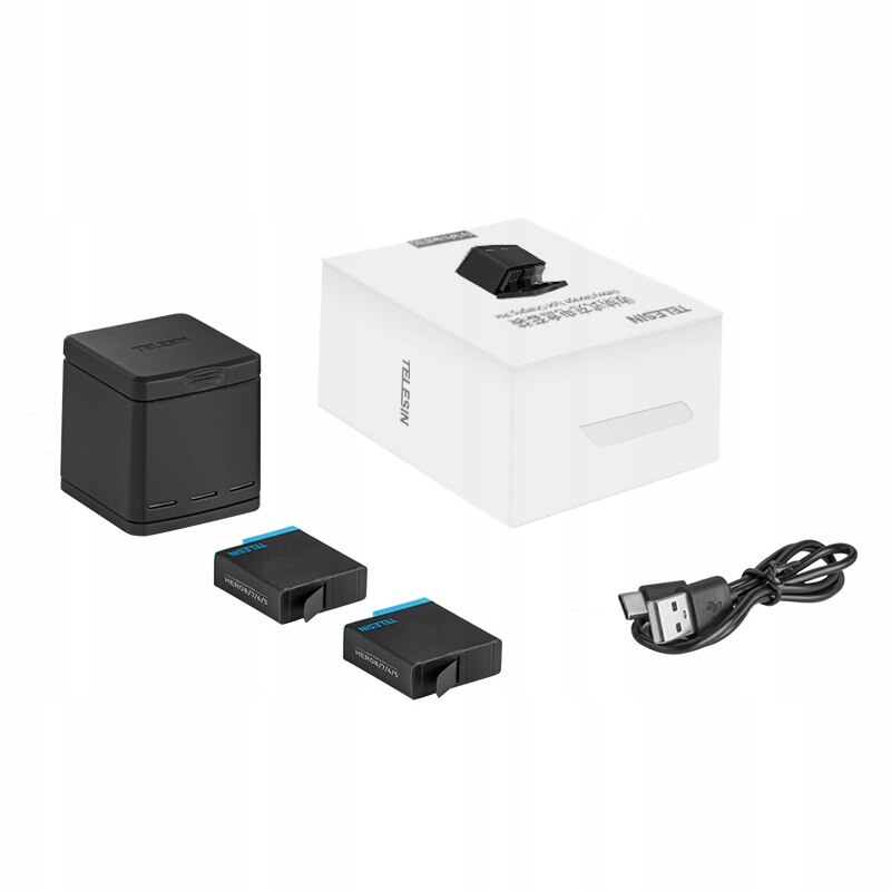 Set incarcator tip carcasa si 2 acumulatoare camera video sport Telesin ...