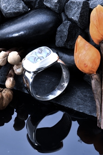 Inel de argint pentru dama "Valuri de mare" 20 mm - 63, Sidef regal ...