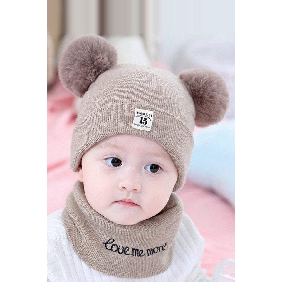 Set caciula pentru iarna cu fular pentru copii, model cu urechi pom pom ...