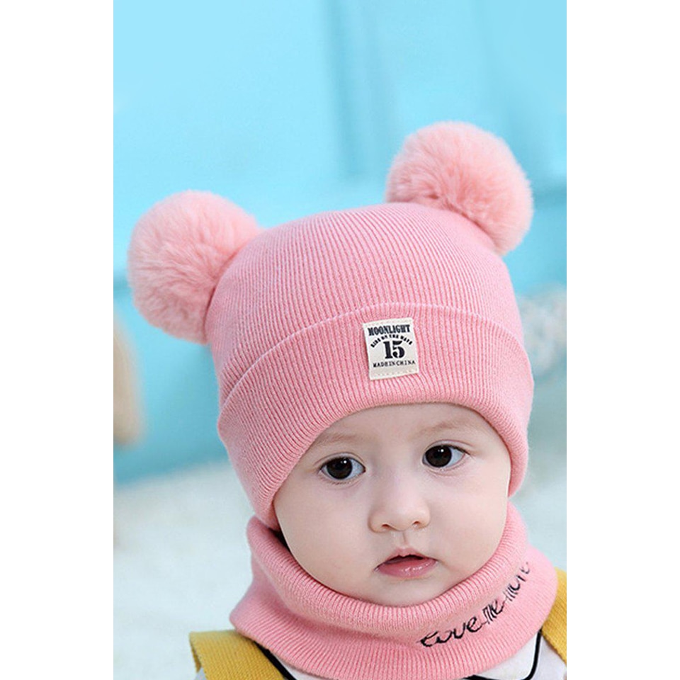 Set caciula pentru iarna cu fular pentru copii, model cu urechi pom pom ...