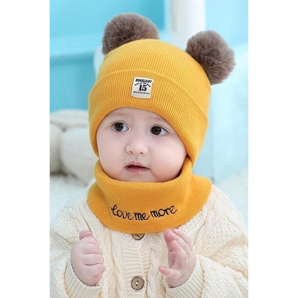 Set caciula pentru iarna cu fular pentru copii, model cu urechi pom pom ...