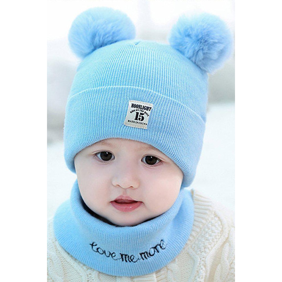 Set caciula pentru iarna cu fular pentru copii, model cu urechi pom pom ...