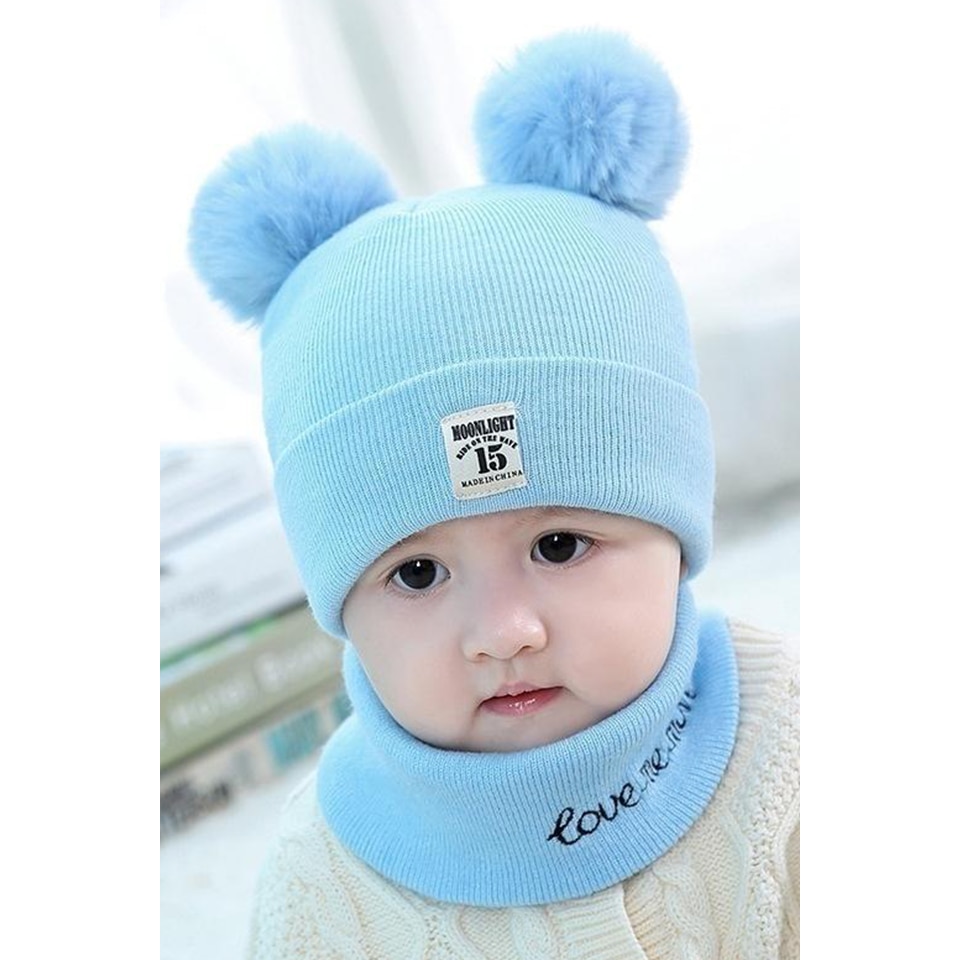 Set caciula pentru iarna cu fular pentru copii, model cu urechi pom pom ...