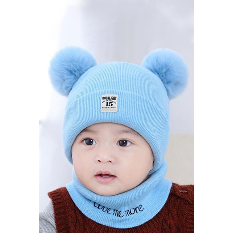 Set caciula pentru iarna cu fular pentru copii, model cu urechi pom pom ...