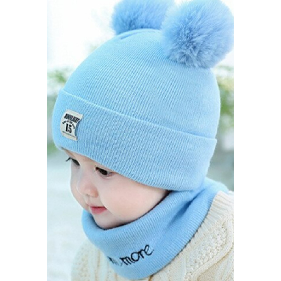 Set caciula pentru iarna cu fular pentru copii, model cu urechi pom pom ...