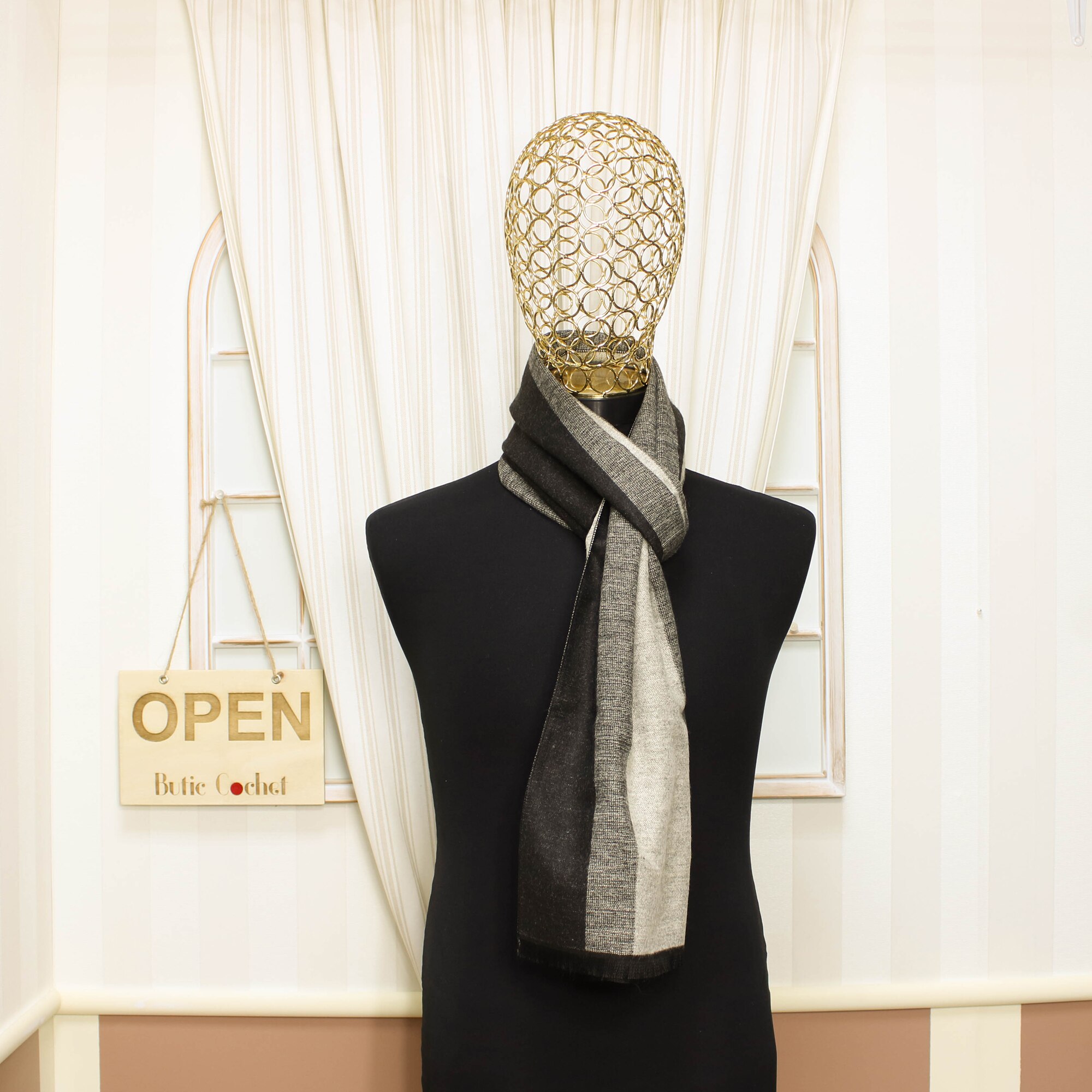 Esarfa barbati, din casmir / pashmina, 30 x 188 cm, model cu dungi late ...