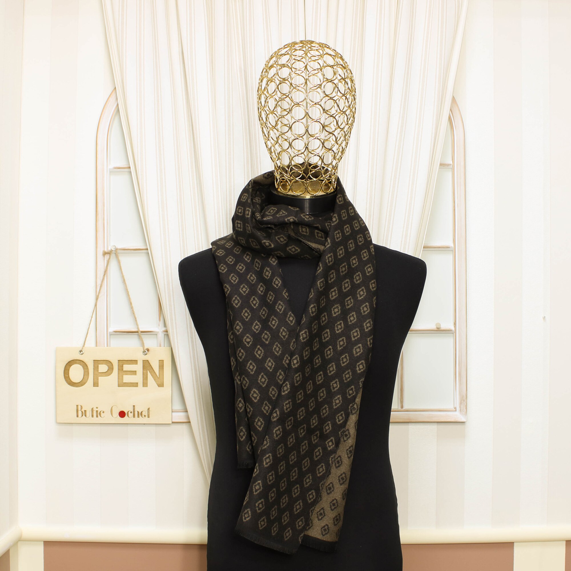 Esarfa barbati, din casmir / pashmina, cu romburi, 30 x 188 cm, Negru ...