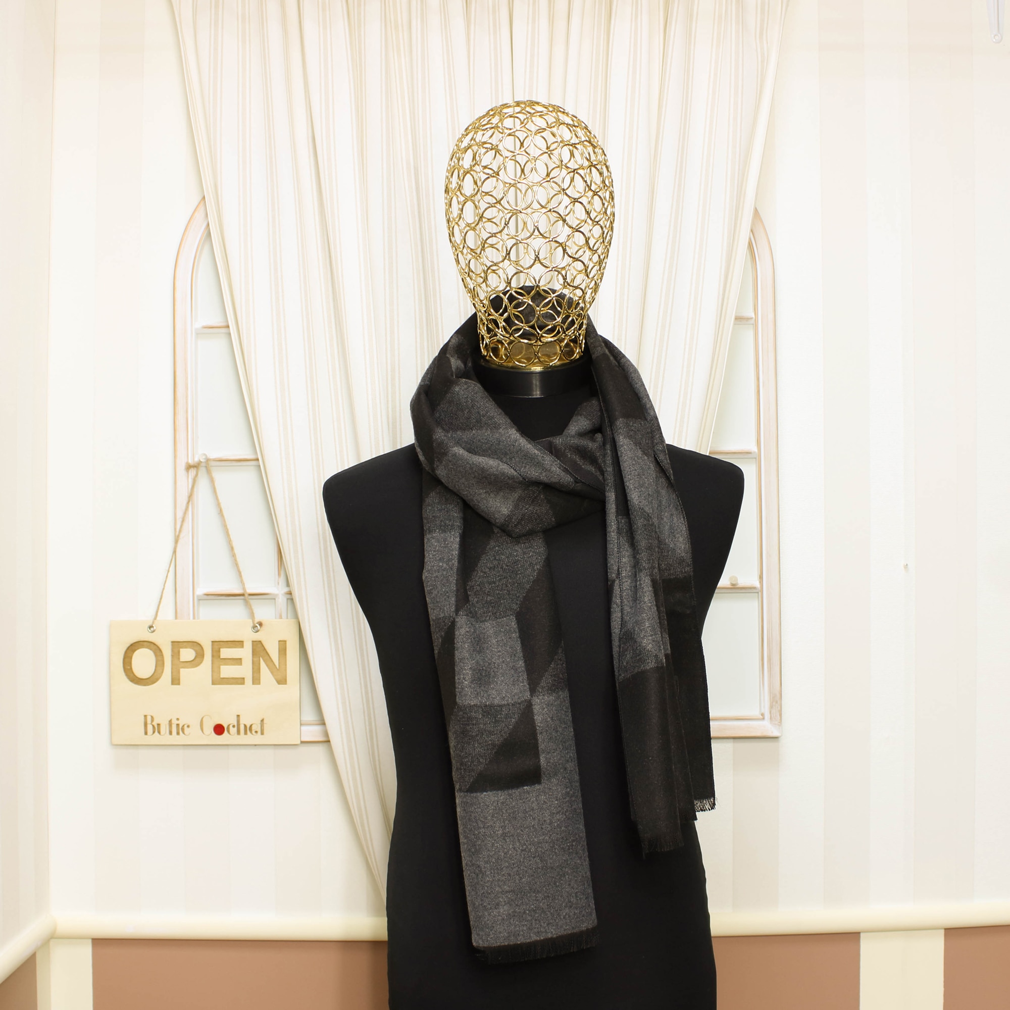 Esarfa barbati, din casmir / pashmina, 30 x 188 cm, Negru cu gri ...