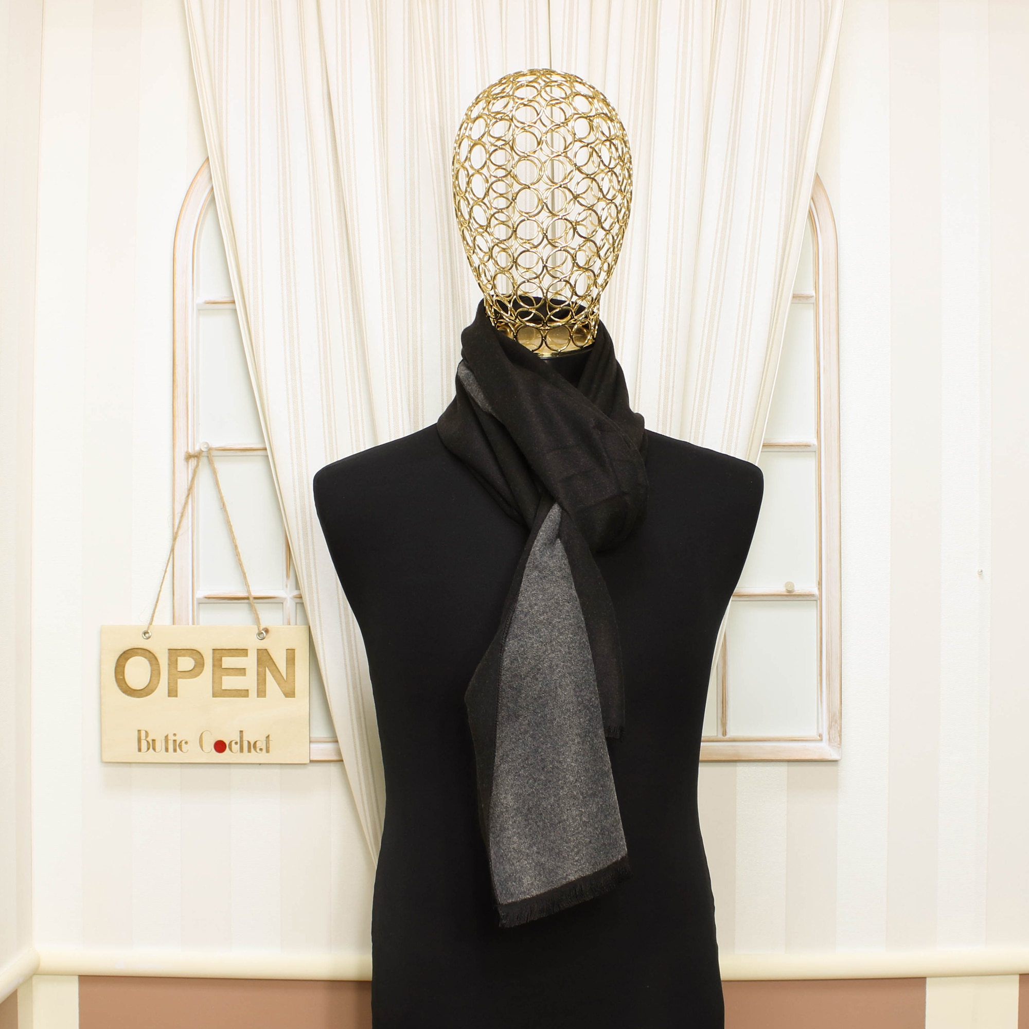 Esarfa barbati, din casmir / pashmina, 30 x 188 cm, cu doua fete, Negru ...