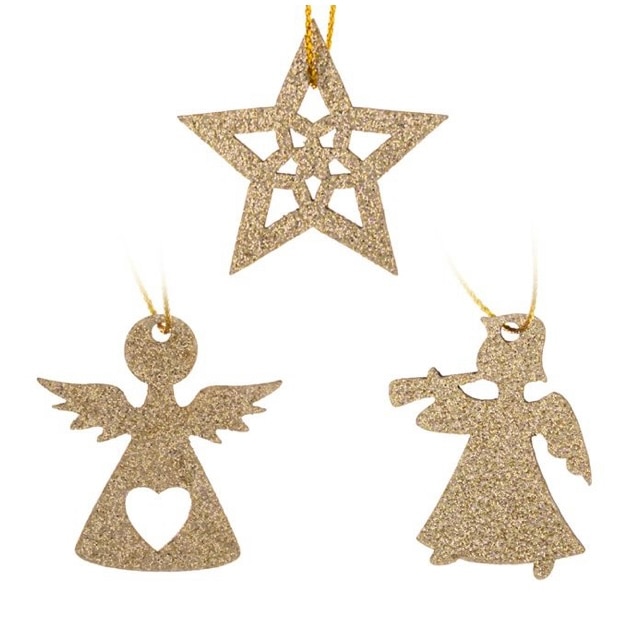 Set 8 ornamente pentru bradul de Craciun, lemn, stelute, ingerasi, cu ...