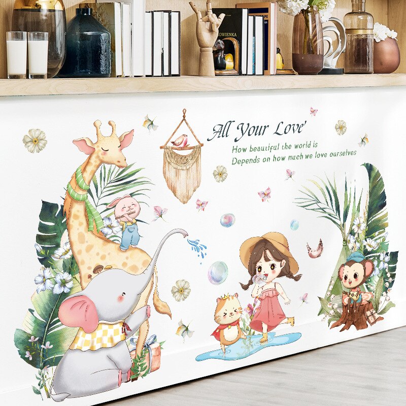 Sticker Autocolant Perete Copii, Fetita impreuna cu Animale Prietenoase ...