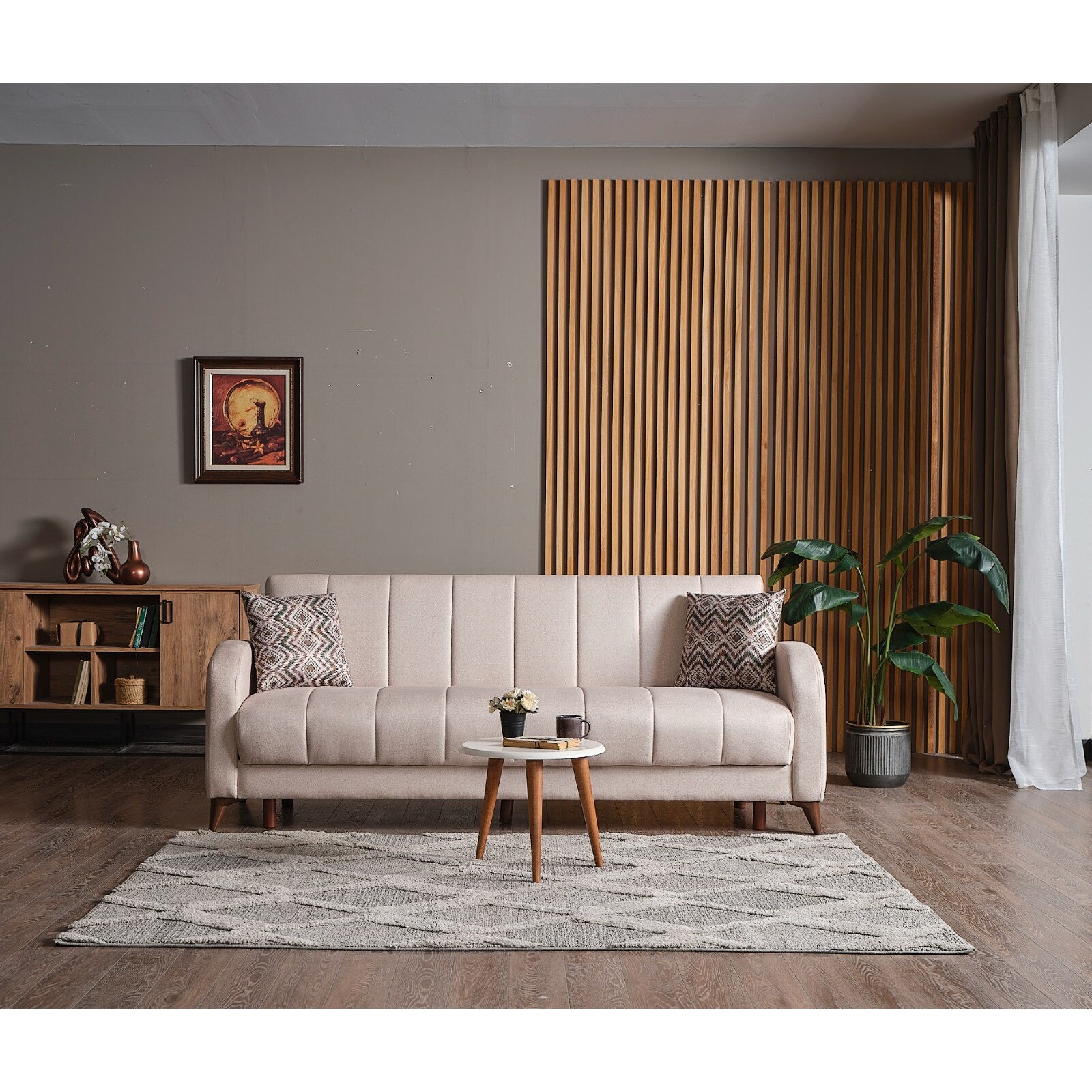 Canapea extensibila, Lotus 02, 3 locuri, cu lada de depozitare, Cream ...