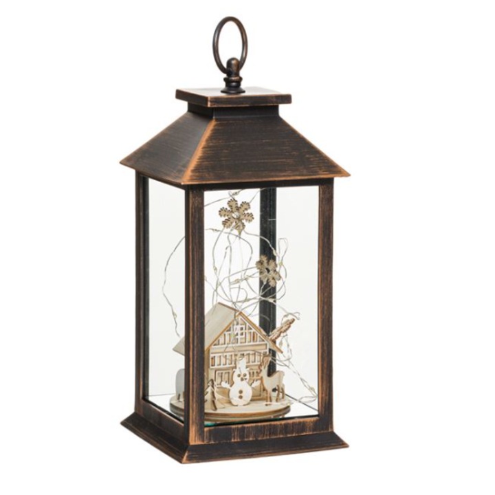 Felinar Decorativ Craciun Bronz Lemn Show Cooper LED 14x14x28 cm - eMAG.ro
