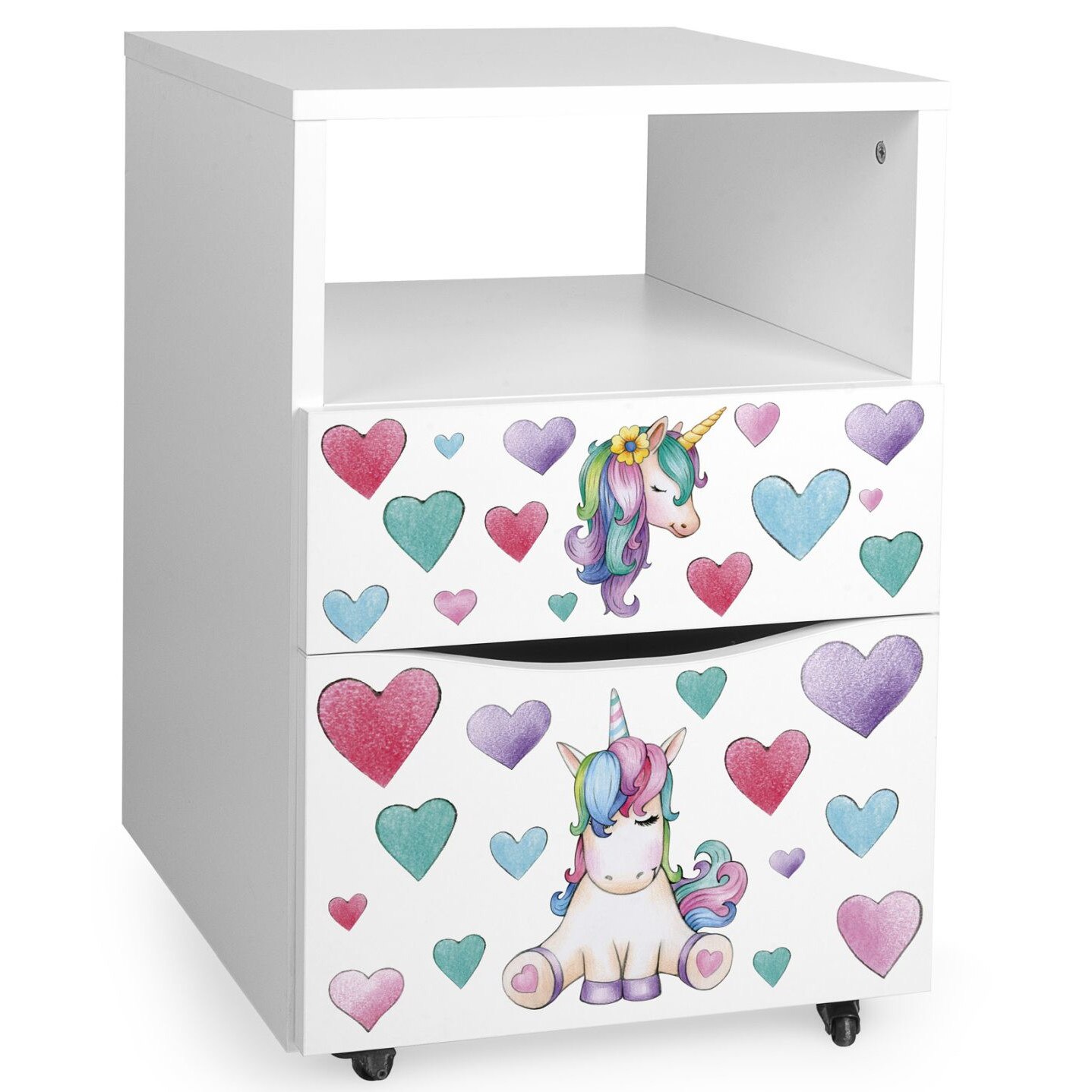 Container pe roti pentru copii, cu doua sertare, Inorog, Leomark - eMAG.ro