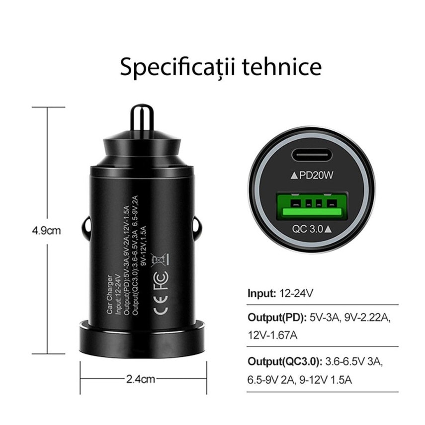 Incarcator auto, ZYuuan, 20W, USB/USB-C, Negru - eMAG.ro
