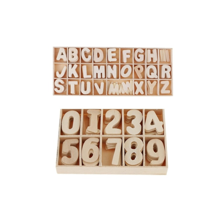 Set cifre si litere din lemn natur in cutie pentru desenat si pictat ...