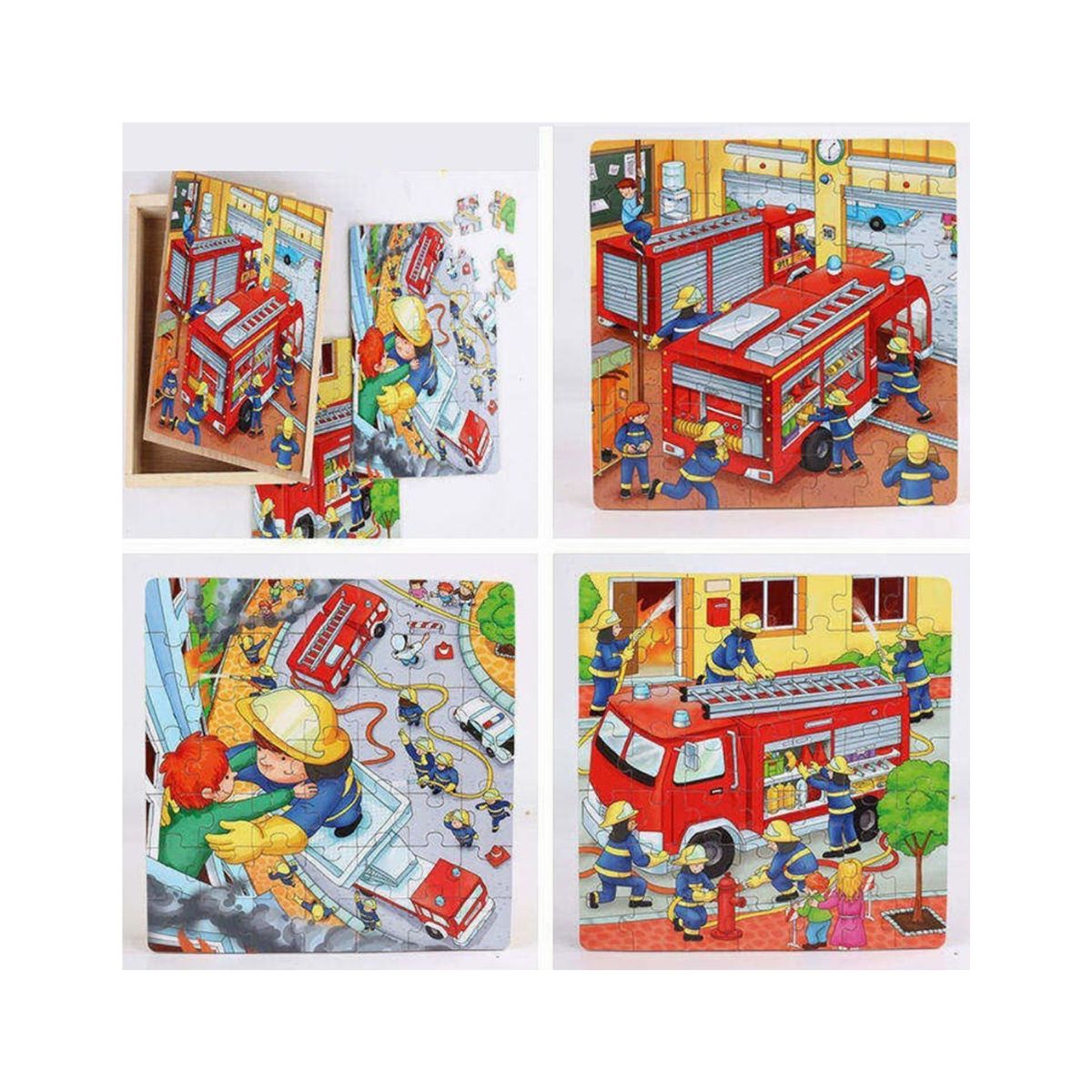 Set 4 Puzzle 3 in 1 din lemn in cutie cu tematica – Pompieri, 220 piese ...
