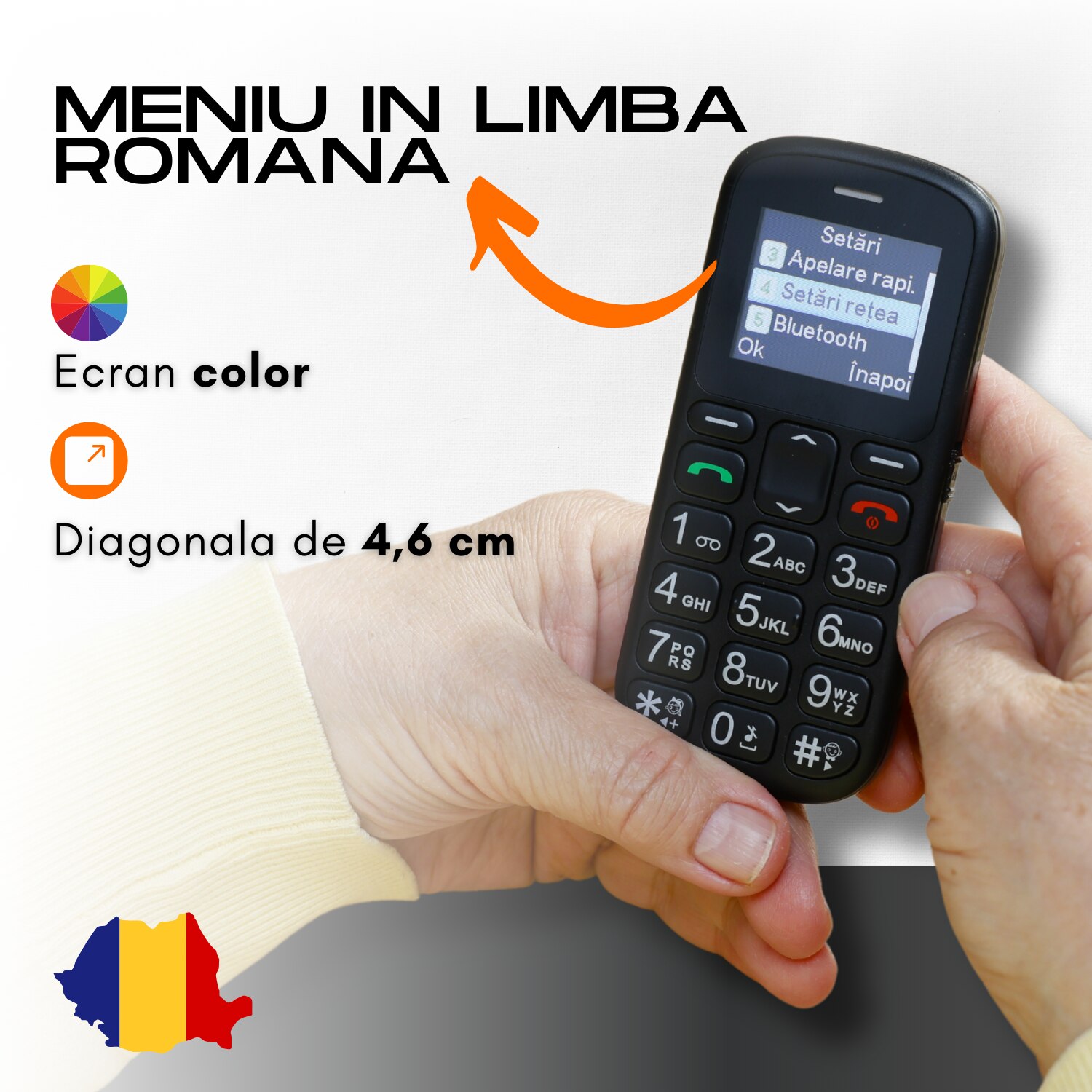 Telefon mobil pentru seniori, dual SIM, color, taste mari, meniu in ...