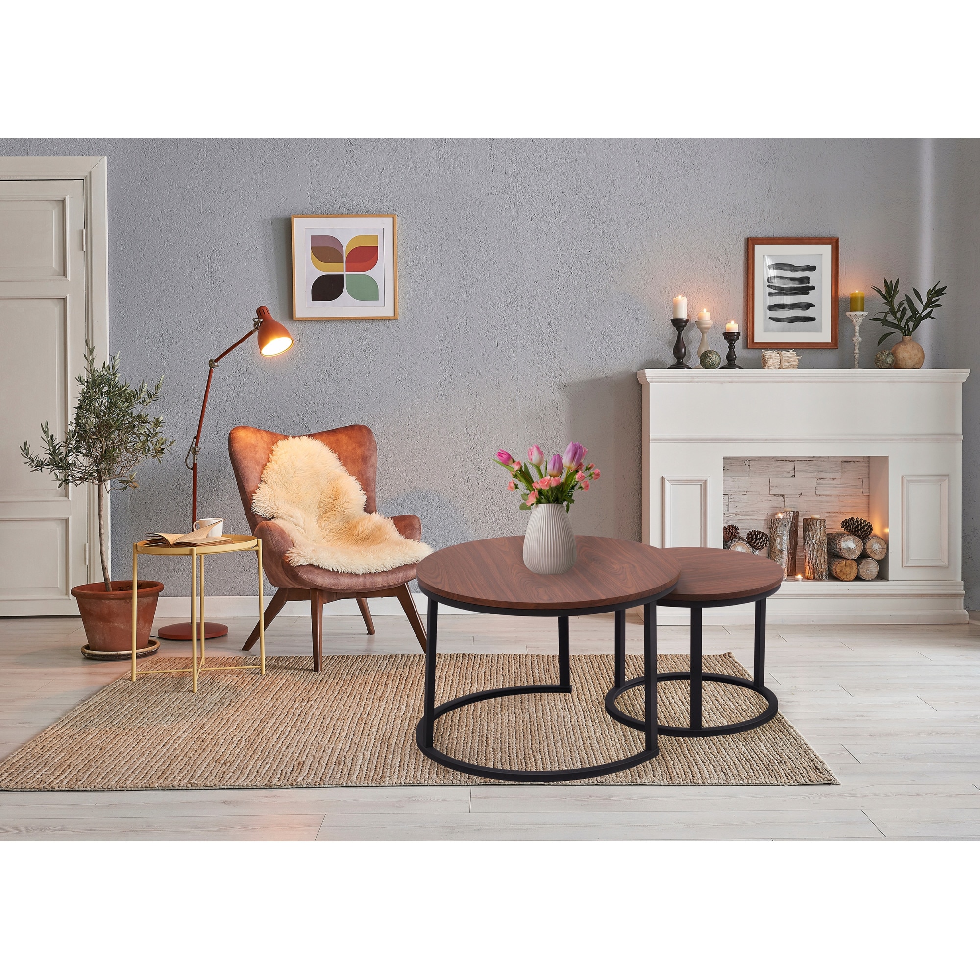 Set 2 mese cafea, Viking, MDF/Metal, 70/50cm, Maro stejar - eMAG.ro