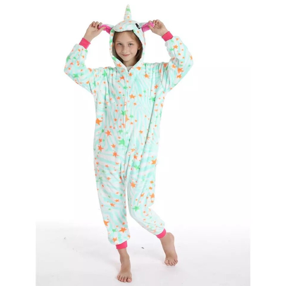 Pijama tip salopeta pufoasa, pentru copii, KIGURUMI, model unicorn ...