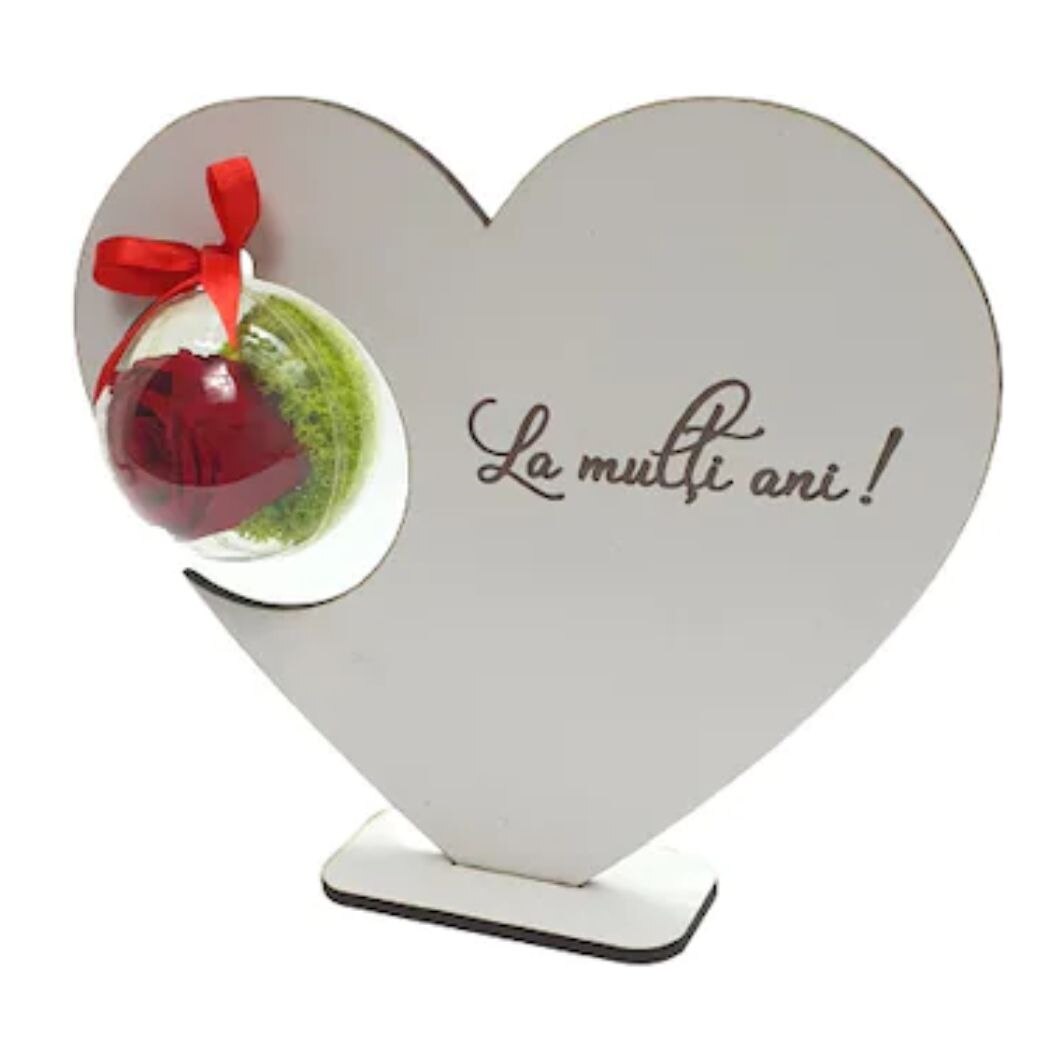 Decoratiune Inima cu Trandafir Criogenat Rosu, La multi ani, 23x25cm ...
