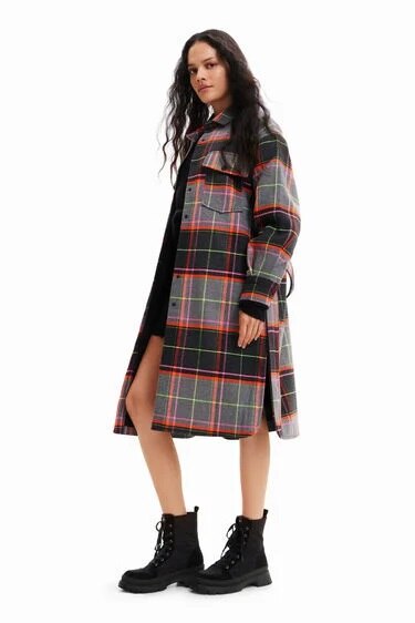 Palton cu model in carouri captusit, Desigual, Regular fit, Gri - eMAG.ro