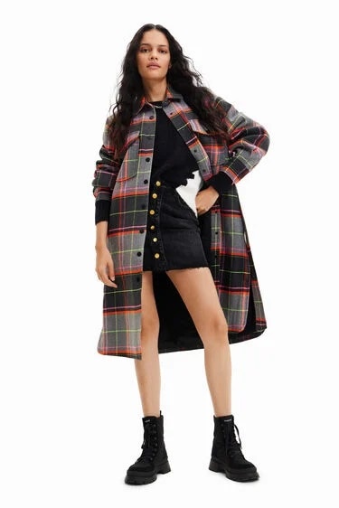 Palton cu model in carouri captusit, Desigual, Regular fit, Gri - eMAG.ro