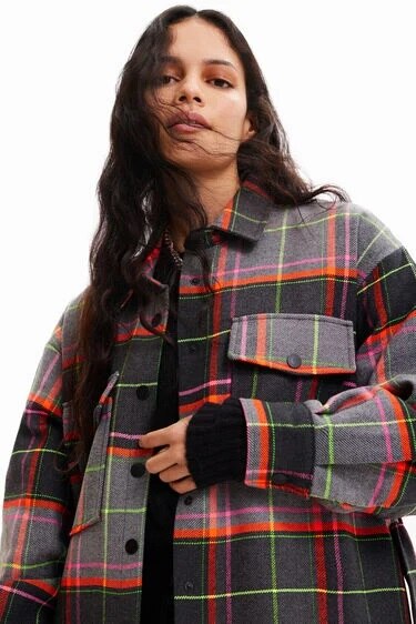 Palton cu model in carouri captusit, Desigual, Regular fit, Gri - eMAG.ro