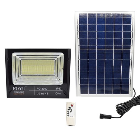 LED проектор Foyu,с външен соларен панел, 300W, IP67, Черен ...