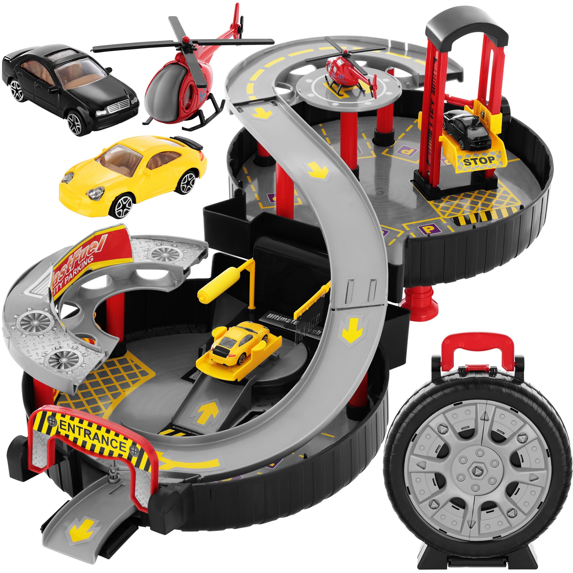 Pista Auto Elicopter 2 Masini Incluse Valiza Accesorii in Forma de ...