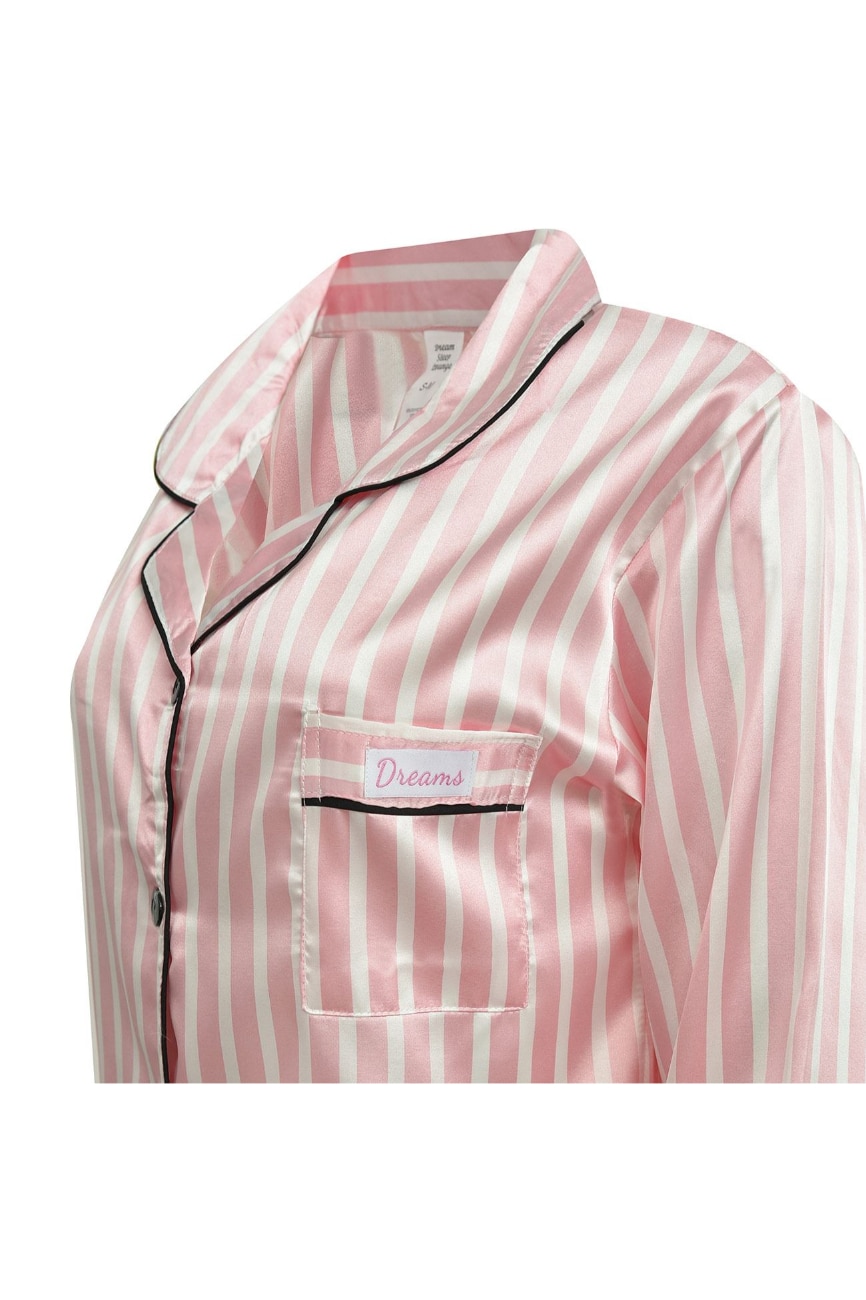 Pijamale satinate dama, roz cu dungi albe - eMAG.ro