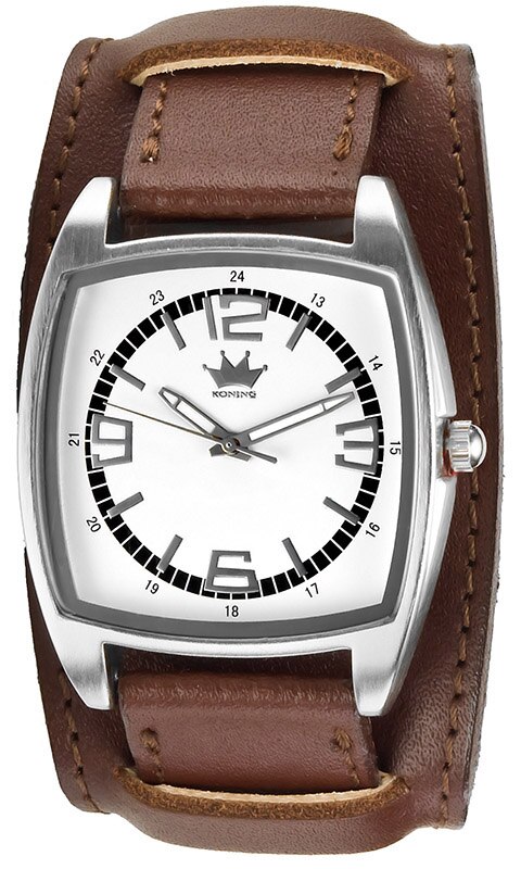 Ceas Koning, COBRA/19, Unisex, Analog, Piele naturala/Metal, Maro/Alb ...
