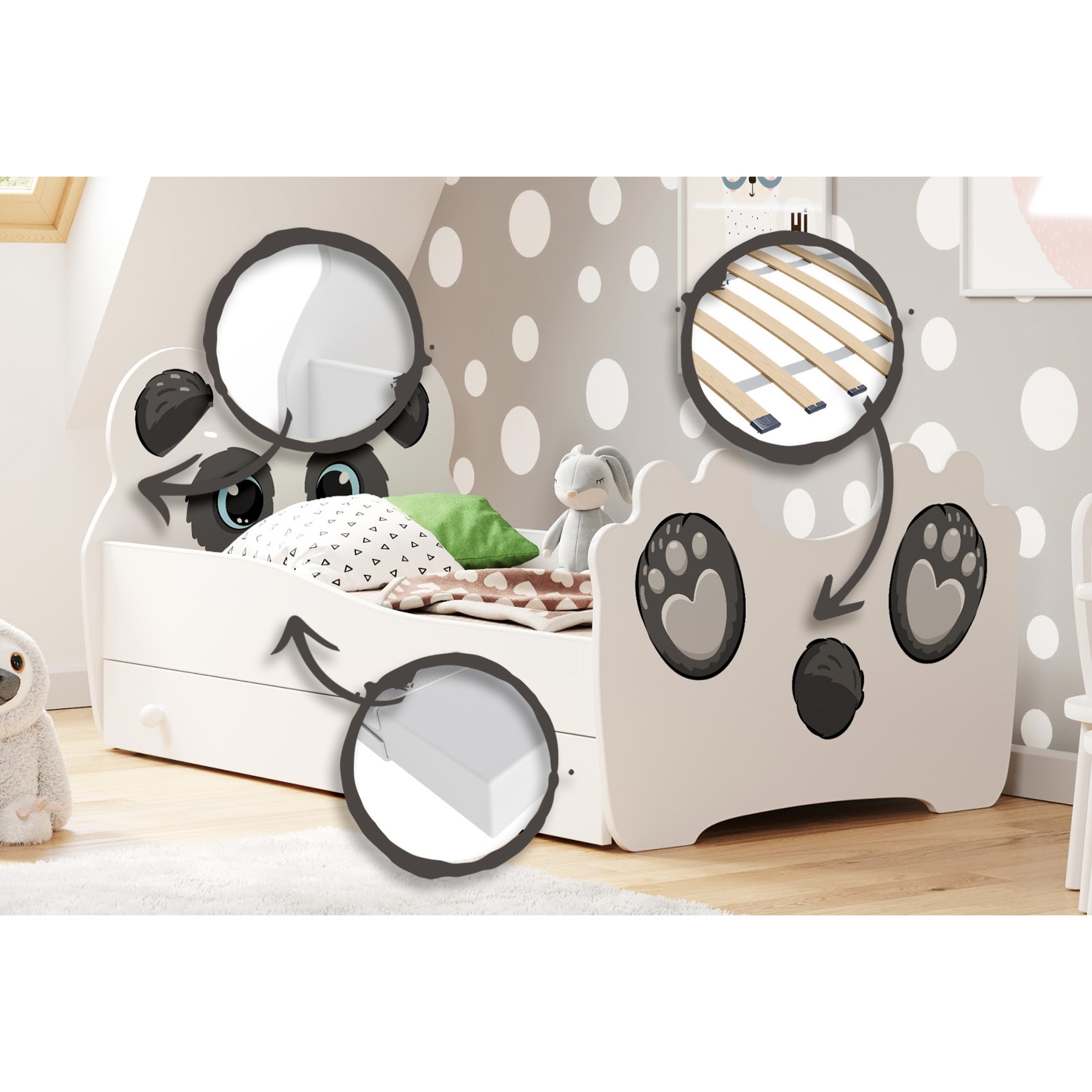 Pat pentru copii Panda 160x80 multicolor, cu sertar, saltea si cadru ...